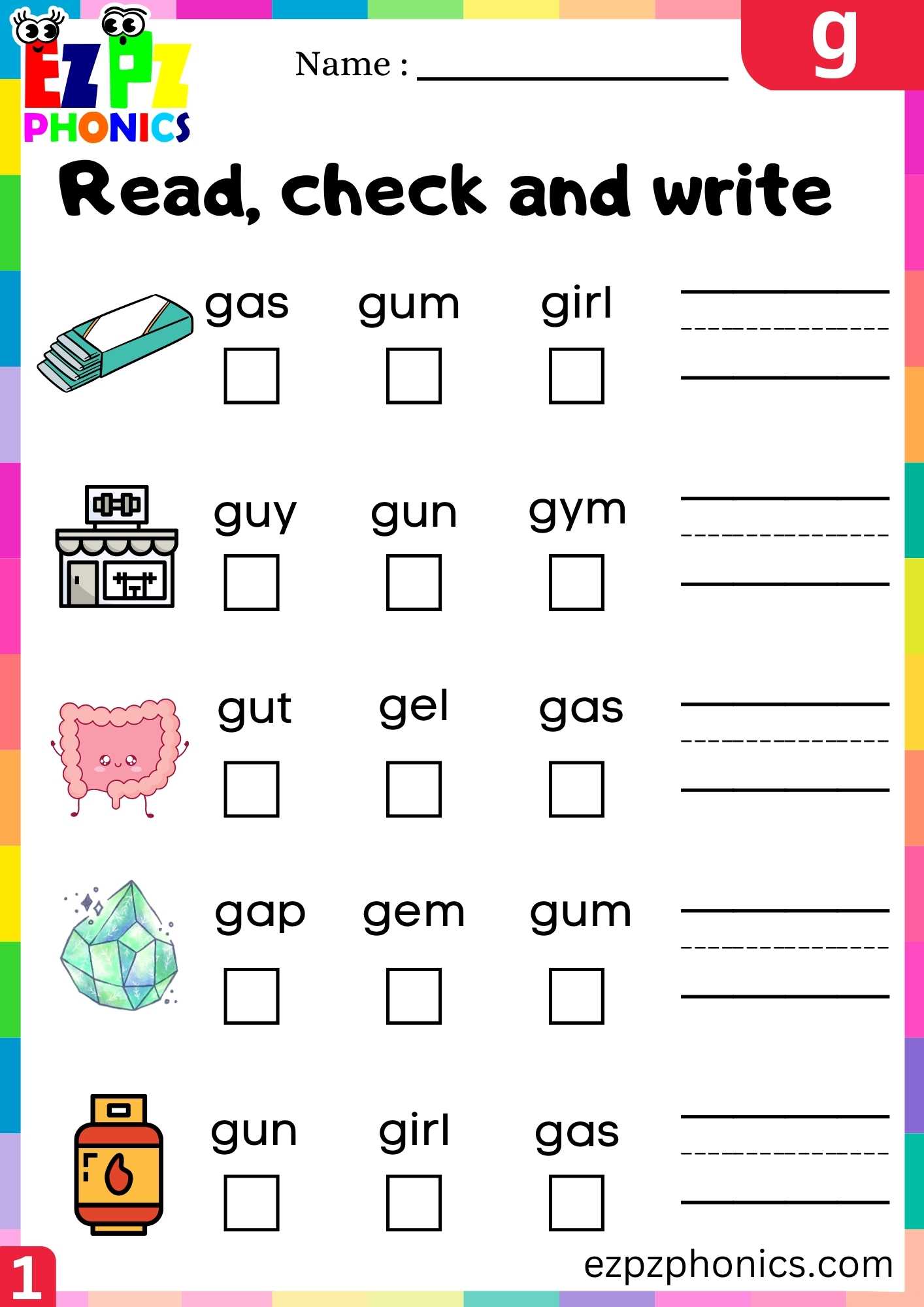 Letter G Read, Check And Write Beginning Sounds Worksheet - ezpzphonics.com